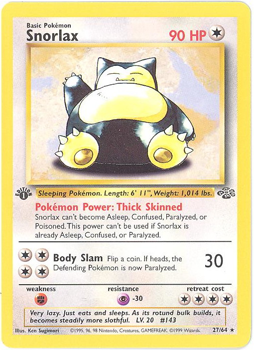 Pokemon Card - Jungle 27/64 - SNORLAX (rare) *1st Edition* (Mint ...